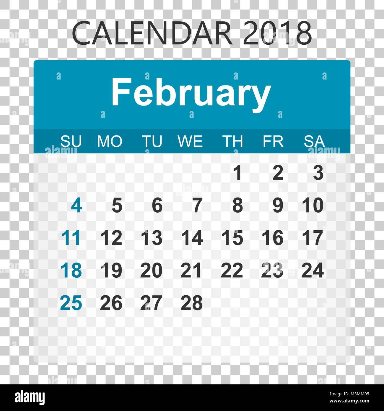 February 2018 calendar. Calendar sticker design template. Week starts ...