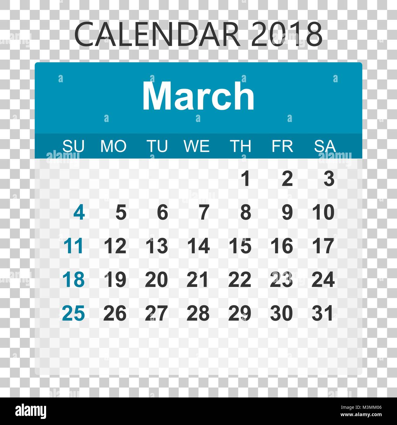 March 2018 calendar. Calendar sticker design template. Week starts on ...