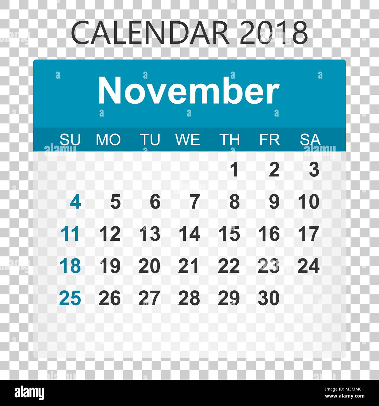 November 2018 calendar. Calendar sticker design template. Week starts ...