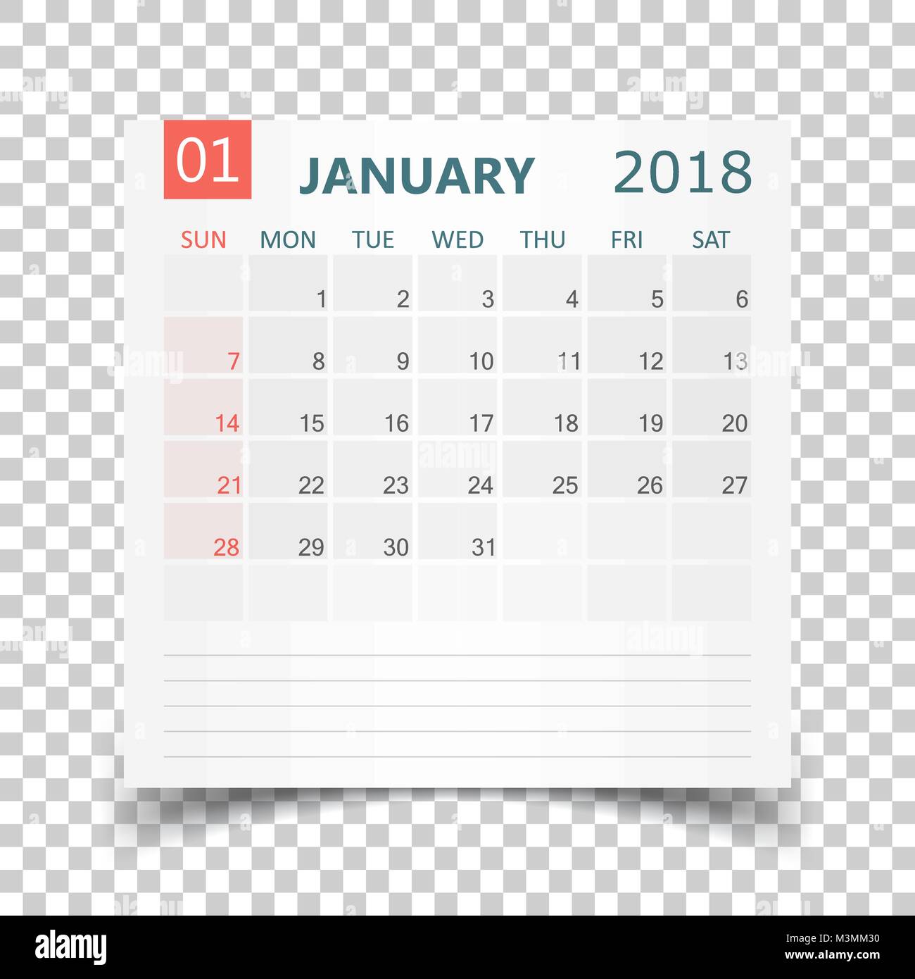 January 2018 calendar. Calendar sticker design template. Week starts on ...