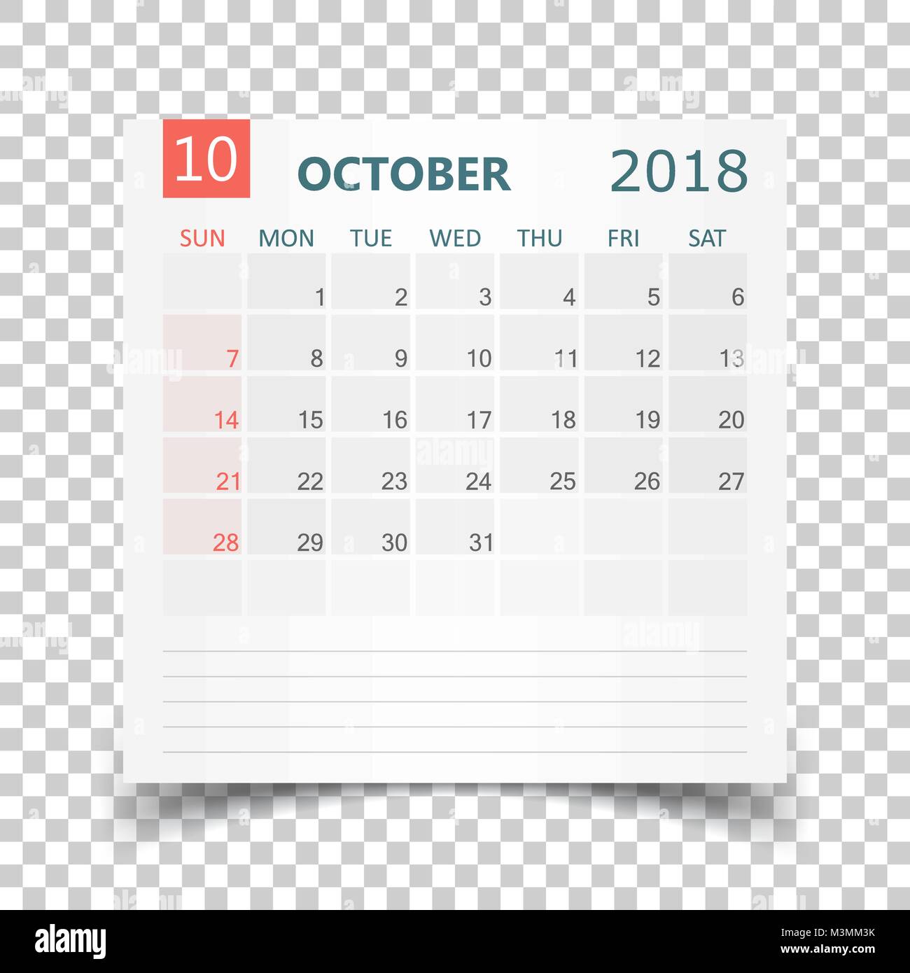 October 2018 calendar. Calendar sticker design template. Week starts on ...