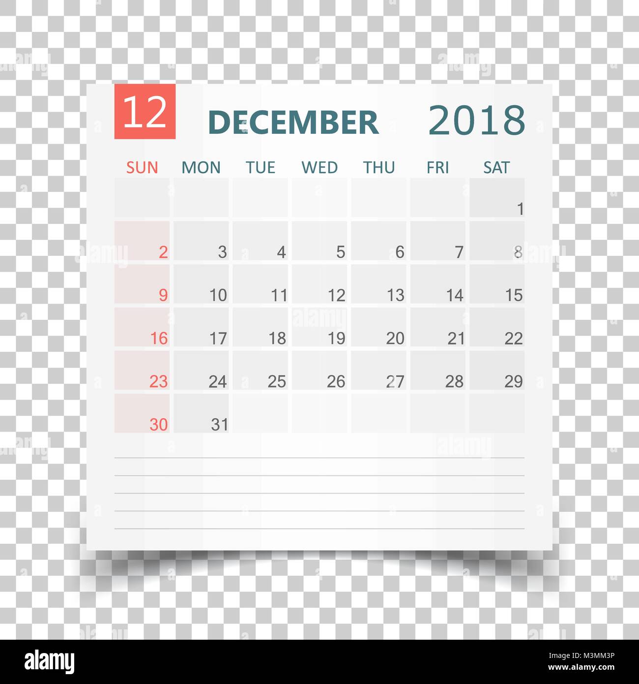 December 2018 calendar. Calendar sticker design template. Week starts ...
