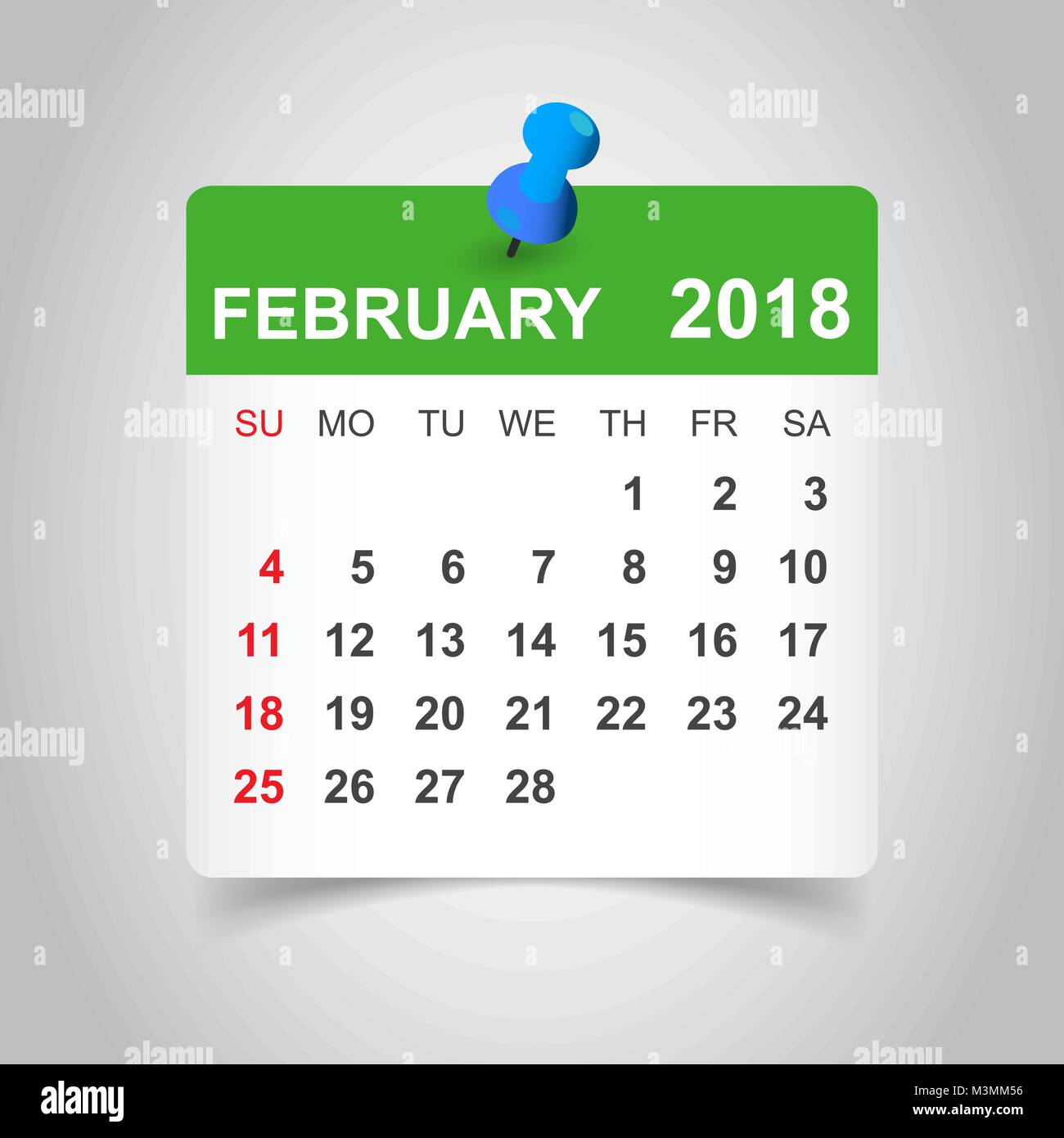 February 2018 calendar. Calendar sticker design template. Week starts ...
