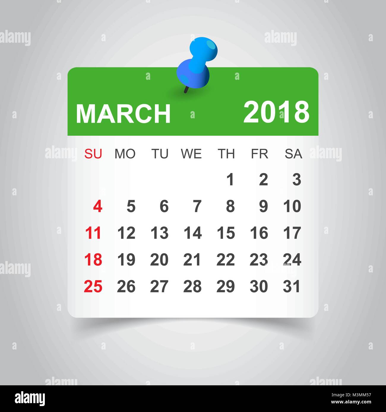 March 2018 calendar. Calendar sticker design template. Week starts on ...