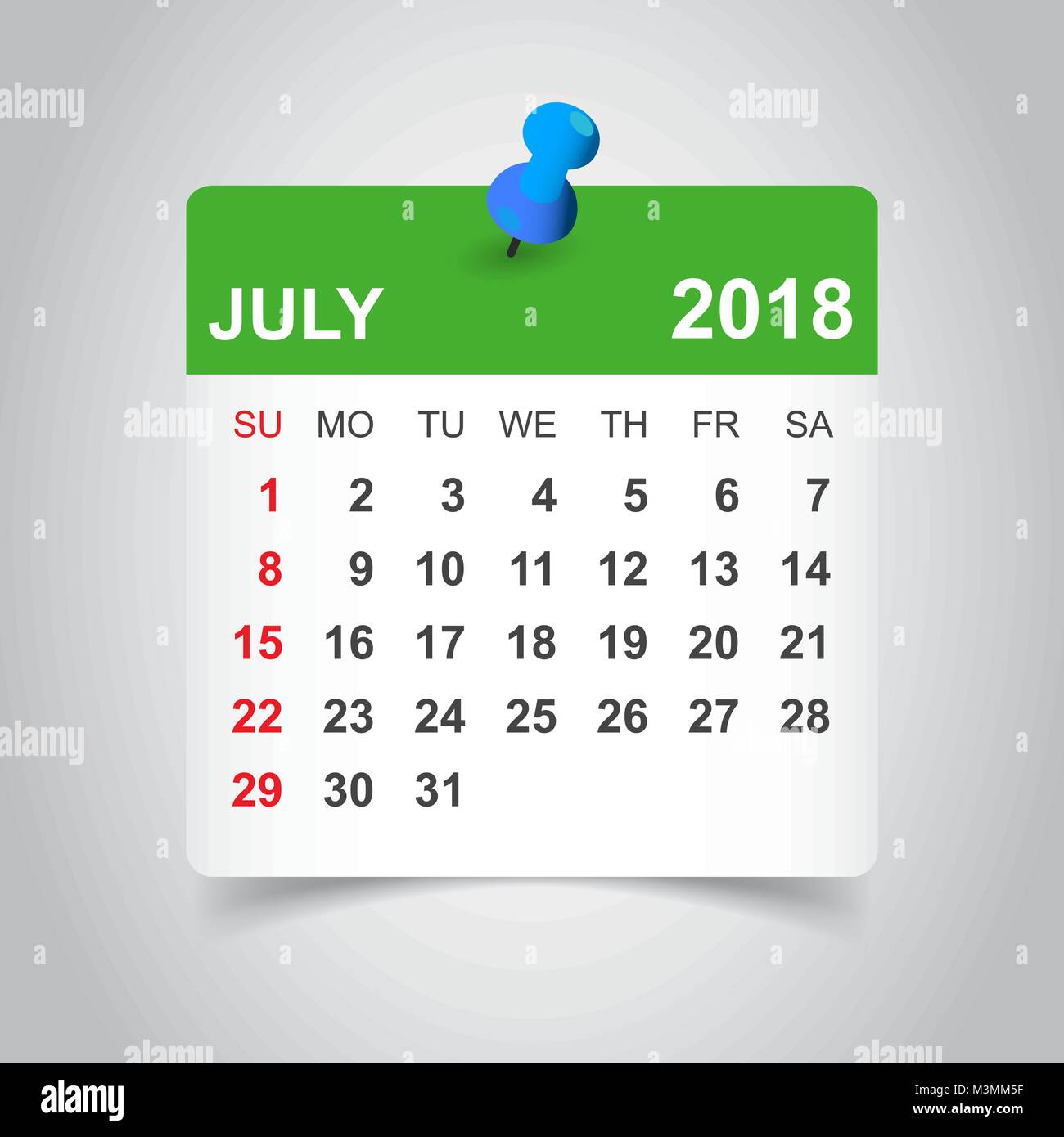 July 2018 calendar. Calendar sticker design template. Week starts on ...