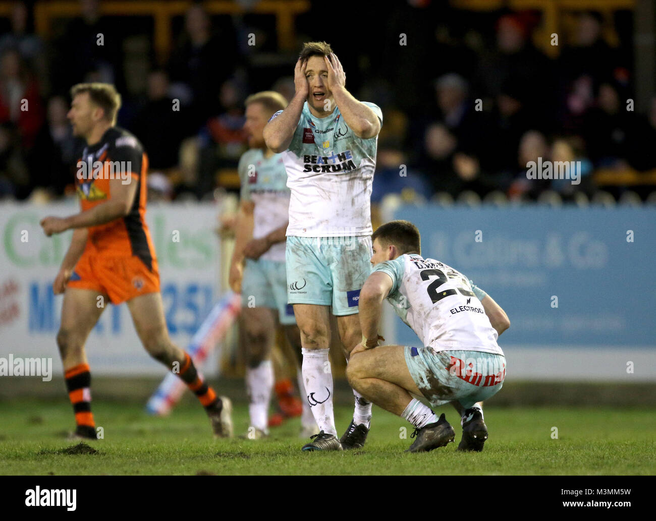 Widnes Vikings Tom Gilmore reacts after missing a late drop goal during ...