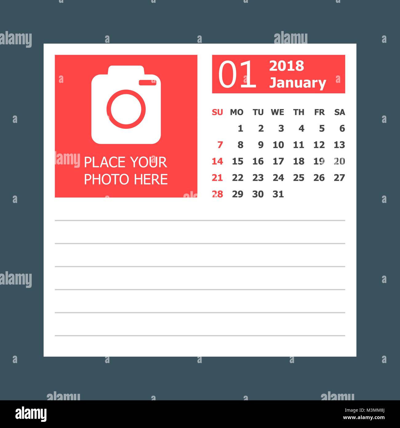 January 2018 calendar. Calendar planner design template. Week starts on ...