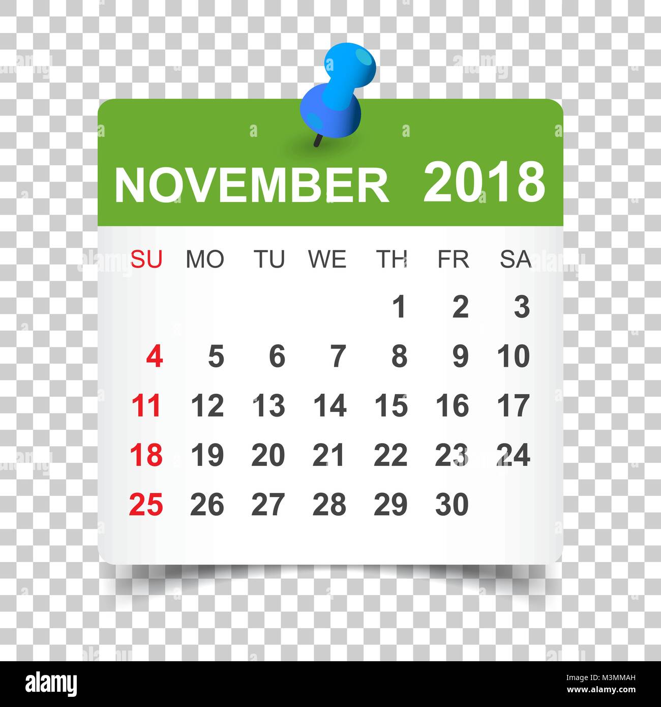 November 2018 calendar. Calendar sticker design template. Week starts ...
