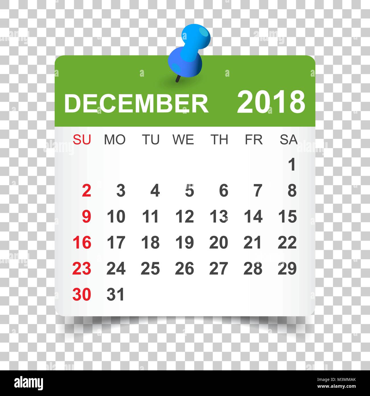 December 2018 calendar. Calendar sticker design template. Week starts ...