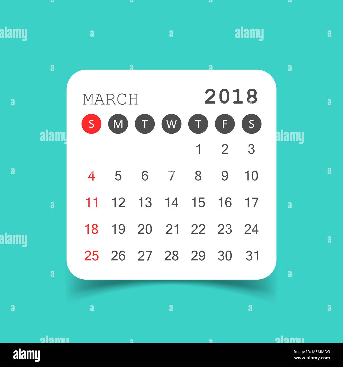 March 2018 calendar. Calendar sticker design template. Week starts on ...