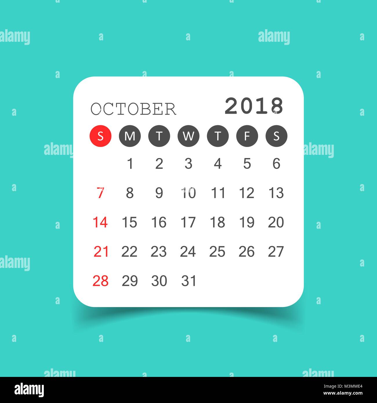 October 2018 calendar. Calendar sticker design template. Week starts on ...
