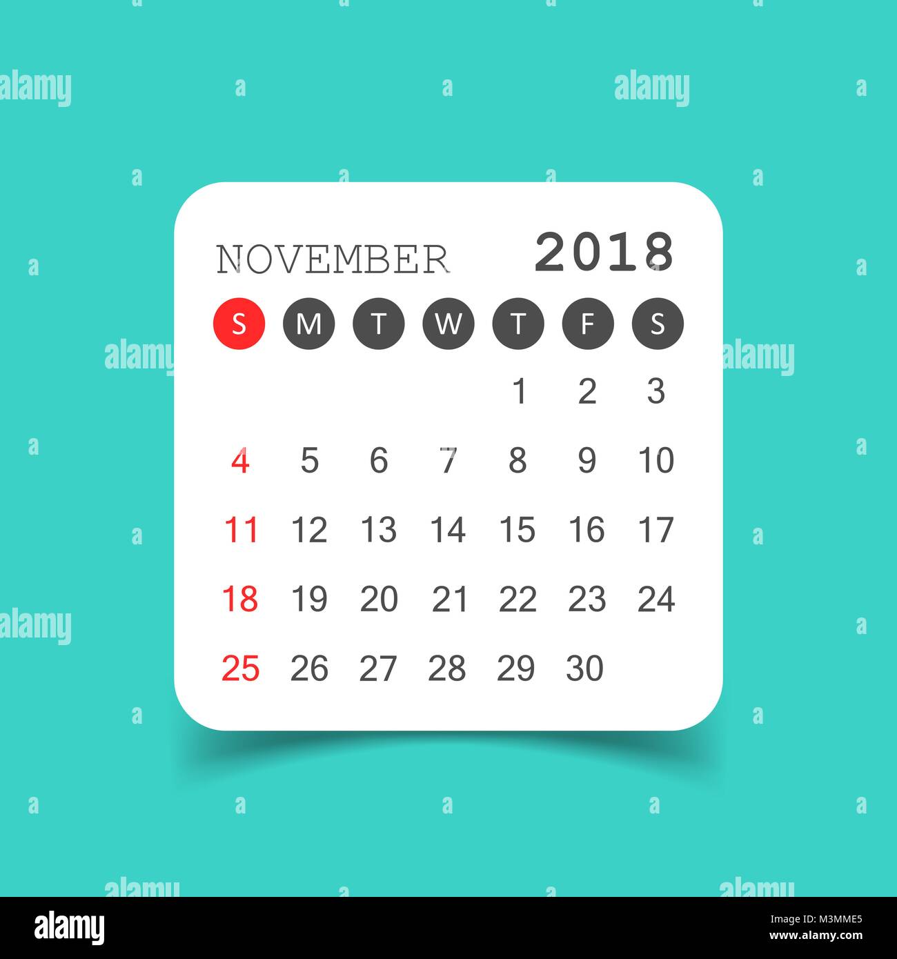 November 2018 calendar. Calendar sticker design template. Week starts ...