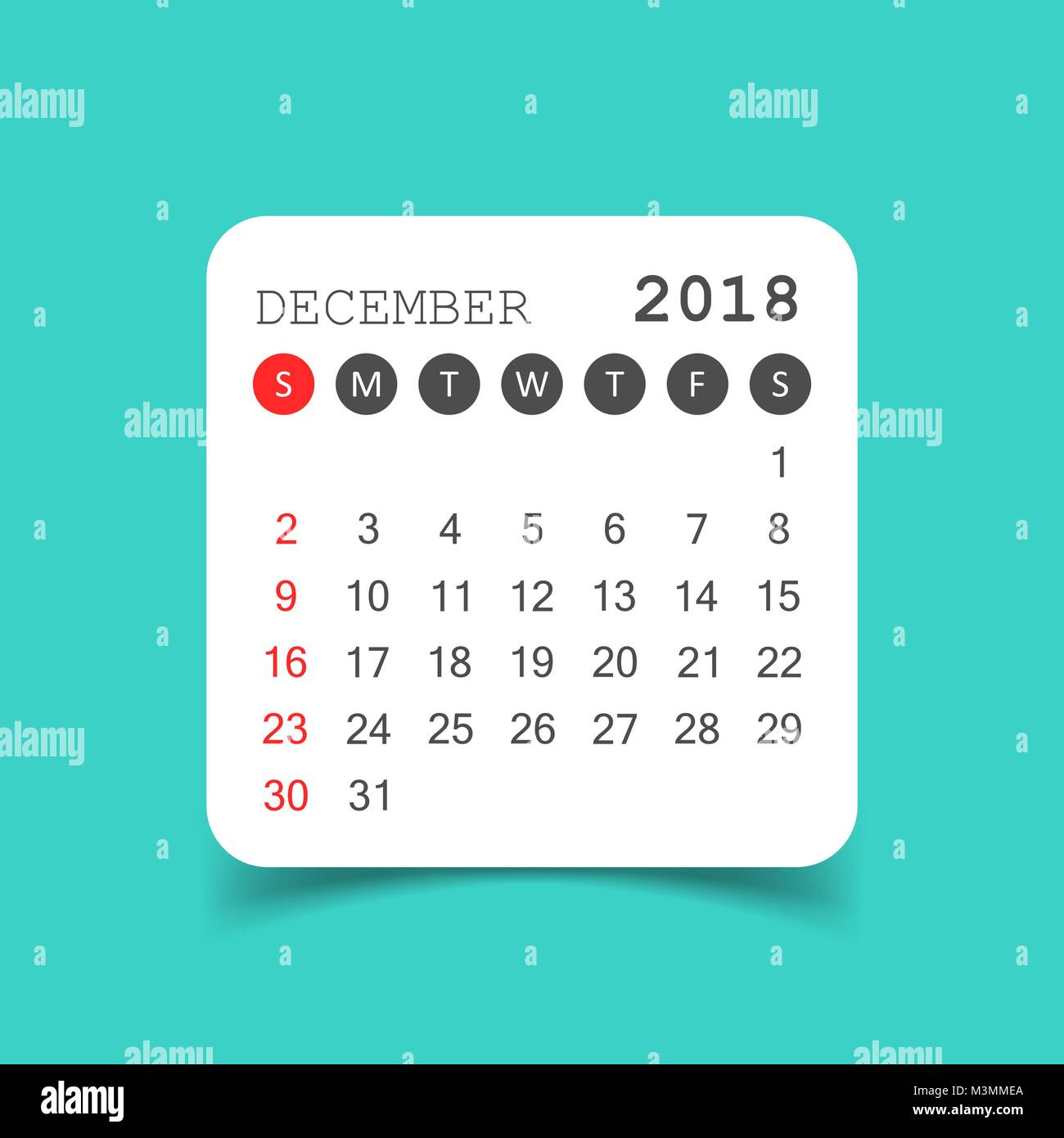 December 2018 calendar. Calendar sticker design template. Week starts ...