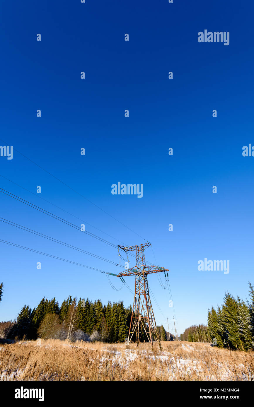 frozen country side by the forest with power lines and blue sky Stock ...