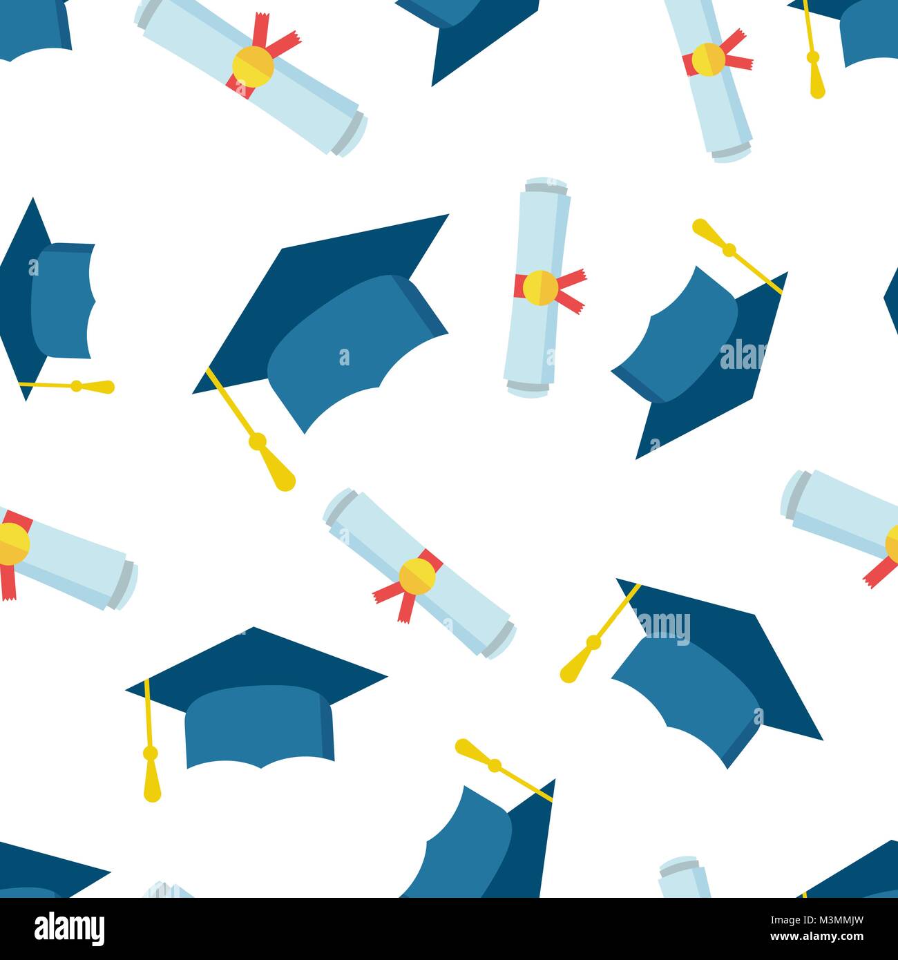 Graduation cap and diploma rolled scroll seamless pattern background ...