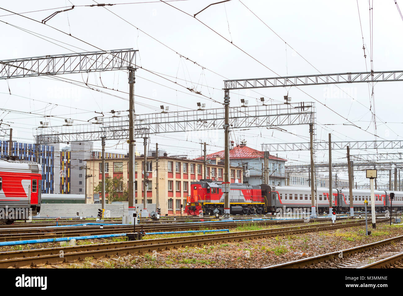 Old locomotive, rzd train rides on rails. Railroad tracks of technical ...