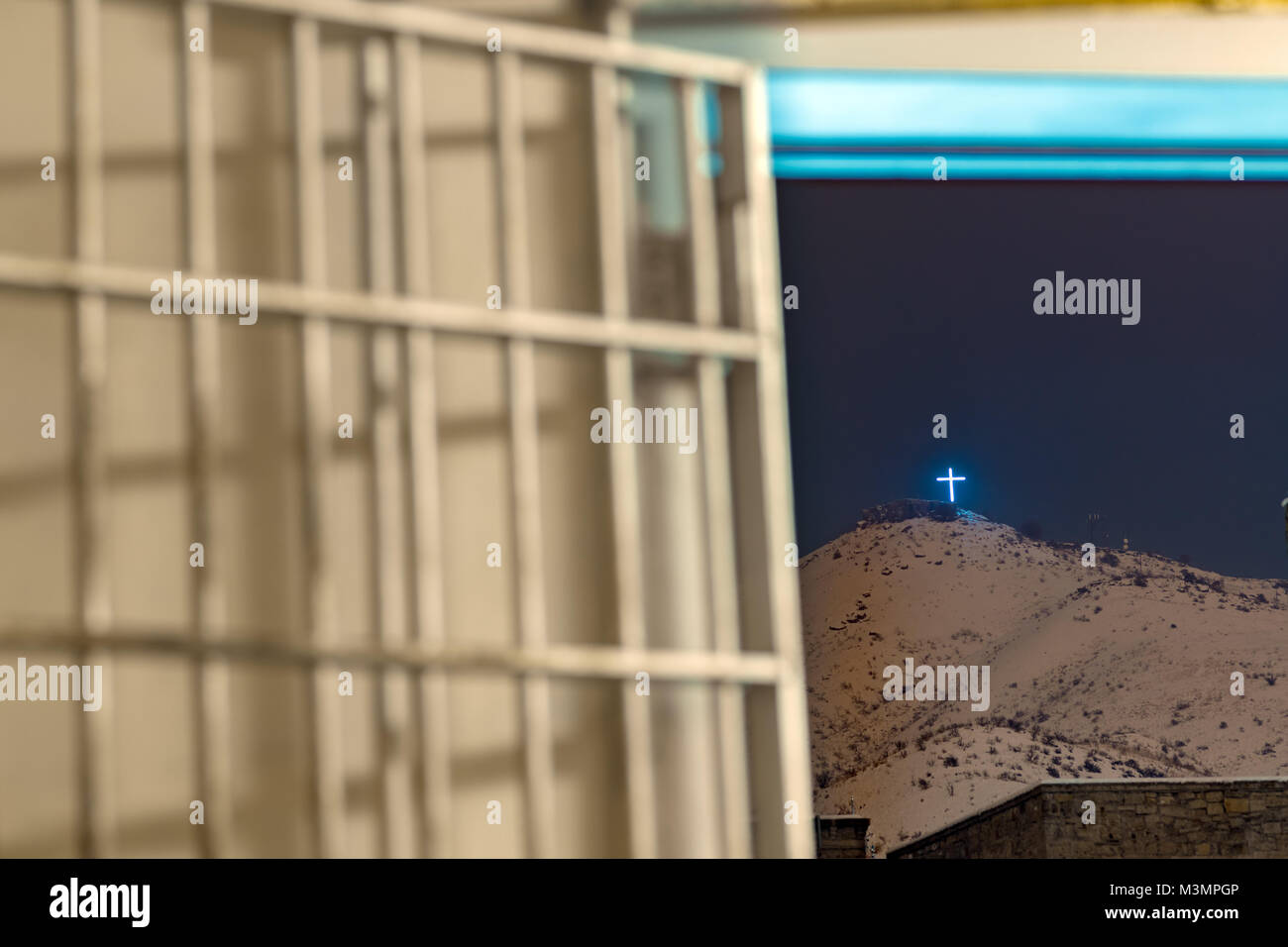 Jail cell bars view of Table Rock mountain in Boise Idaho Stock Photo ...