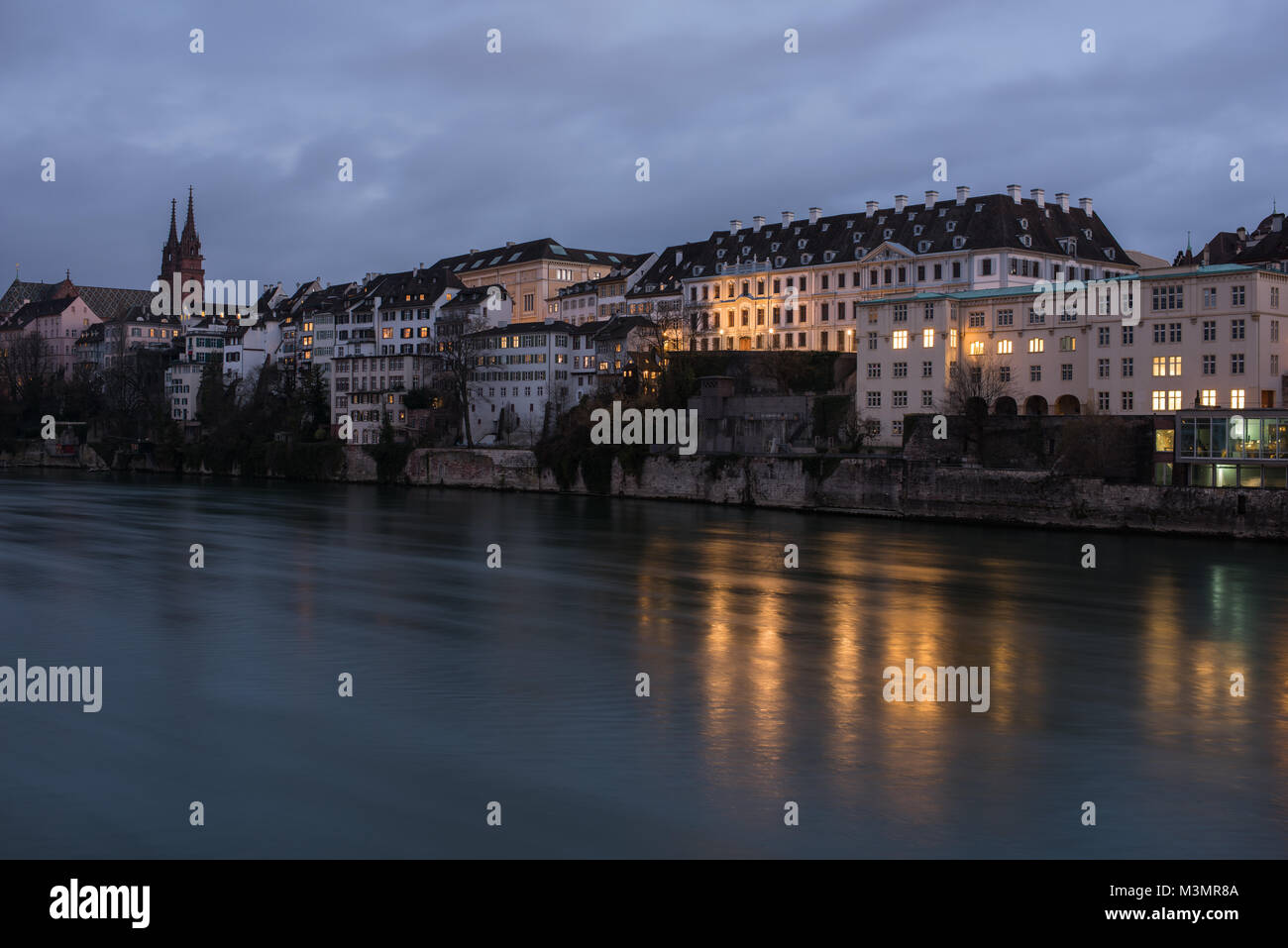 Basel switzerland at night, view from middle bridge to the historical ...