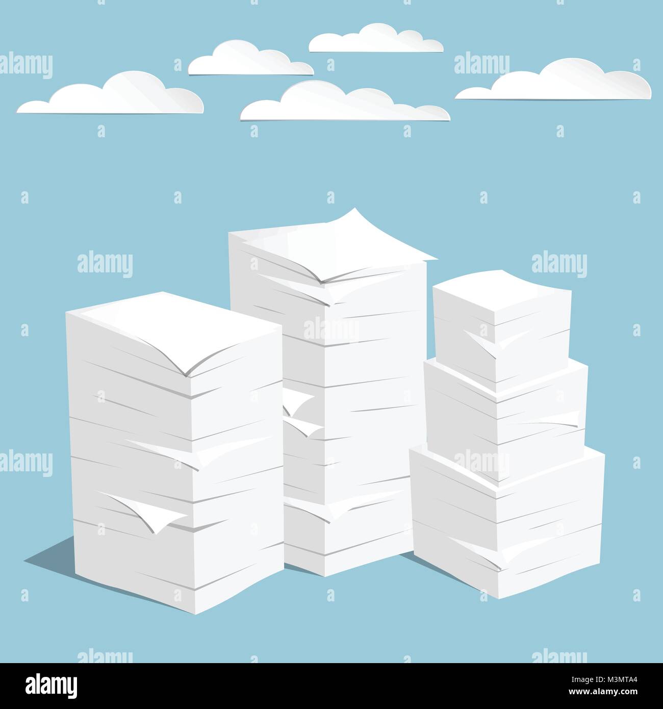 Stack of white sheets and paper in blue office background with clouds ...