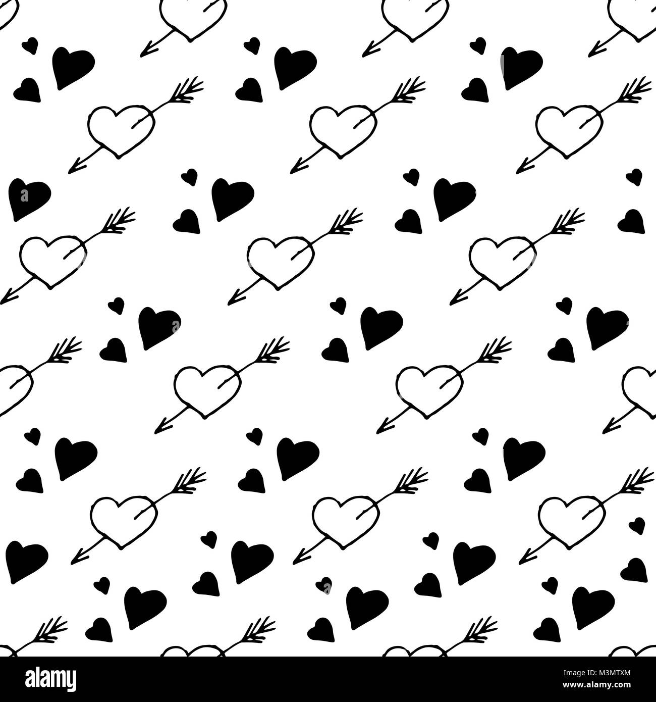 Vector Seamless Pattern Simple Repeating Texture With Outline Doodle Hearts Stylish Hipster