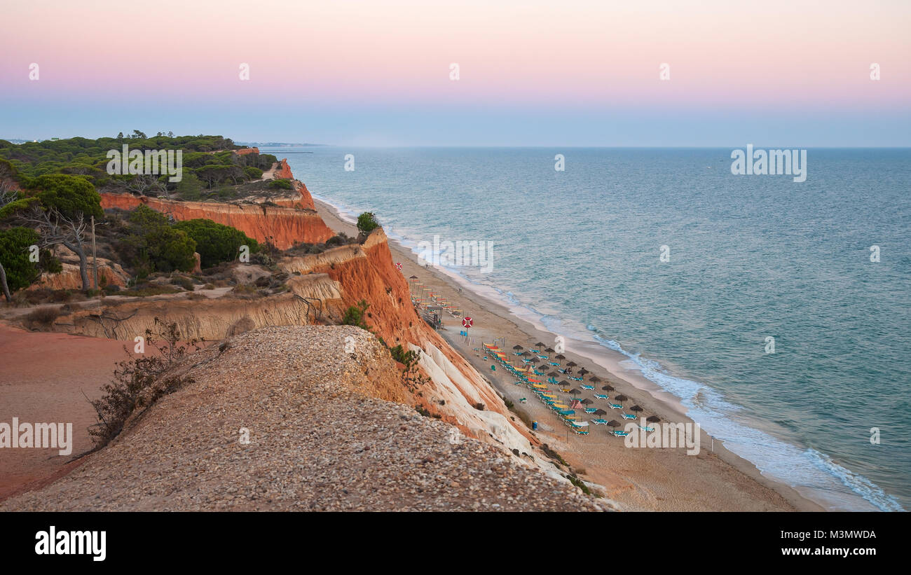 Beautiful Falesia Beach in Portugal seen from the cliff at dusk ...