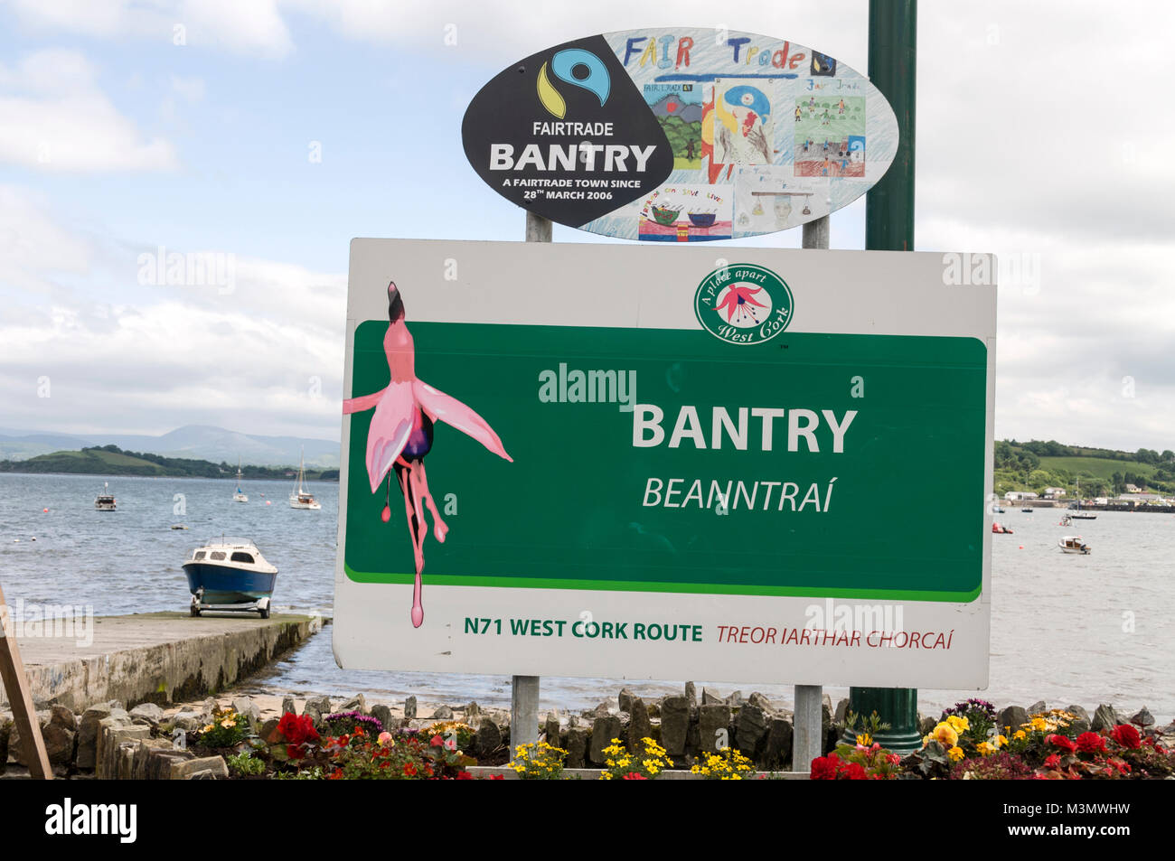 Visitor's road sign of Bantry in Bantry Bay on the southwest coast of ...