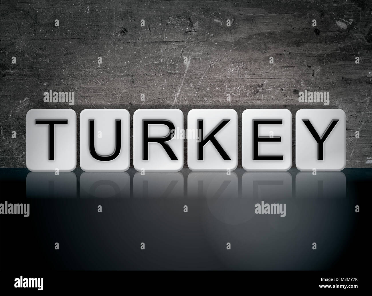 The word Turkey concept and theme written in white tiles on a dark ...