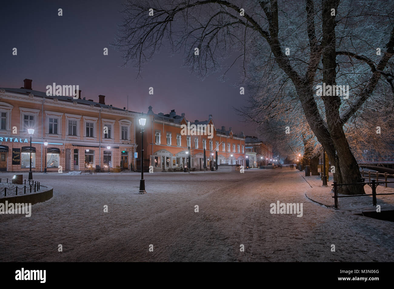 TURKU, FINLAND - 20/01/2018 - View of old buildings and frosty oak ...