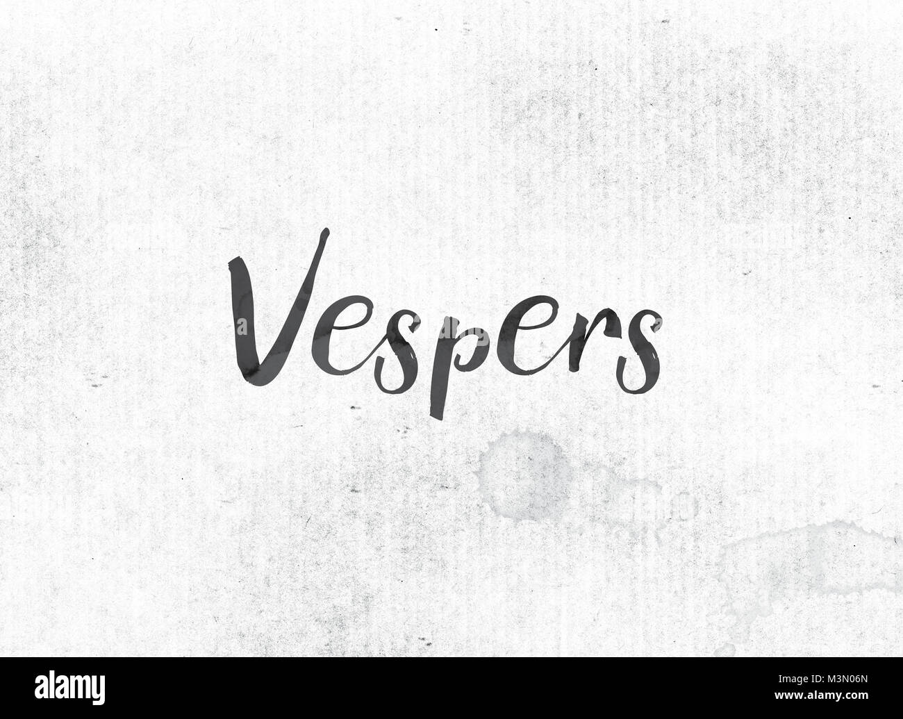 The word Vespers concept and theme painted in black ink on a watercolor ...