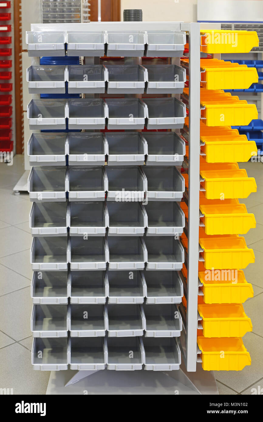 Storage Organizer Cart With Plastic Bins Stock Photo - Alamy