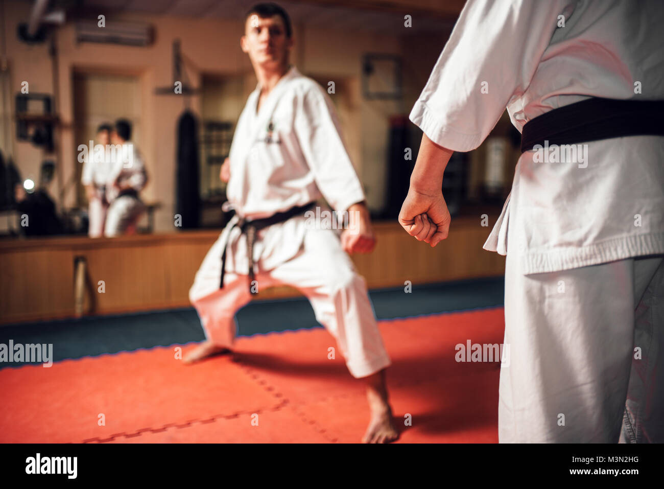 Martial arts karate master and his disciples in white uniform and black ...