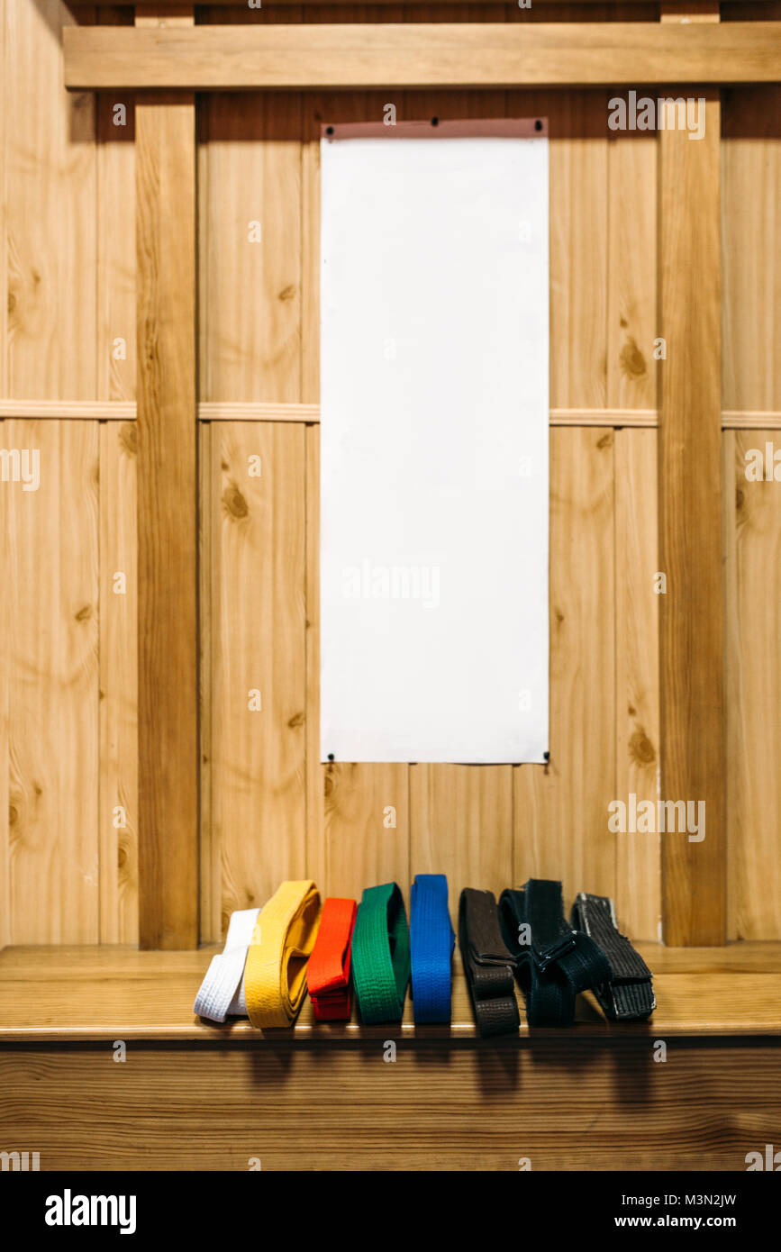 Martial arts, different belts on the shelf in the locker room, nobody ...