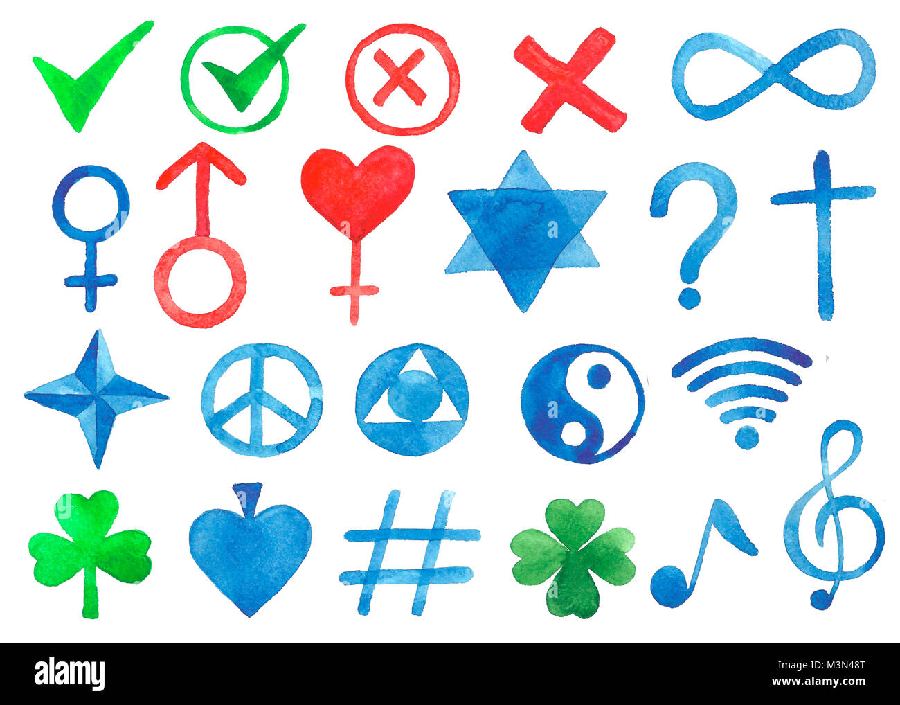 Big watercolor collection of symbols and signs. Isolated image on white ...