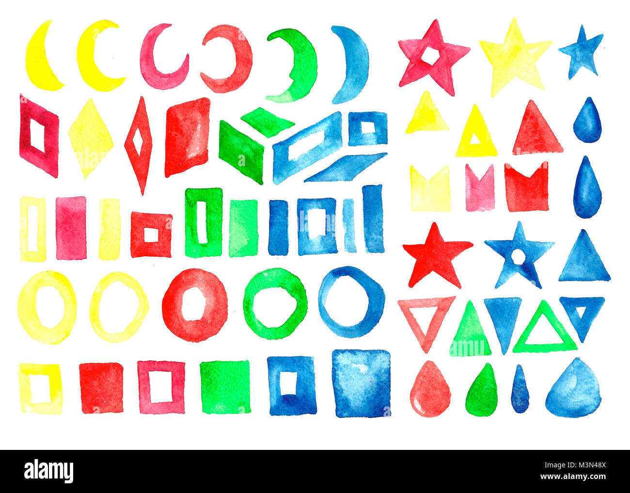 A large watercolor collection of geometric shapes, symbols and signs ...