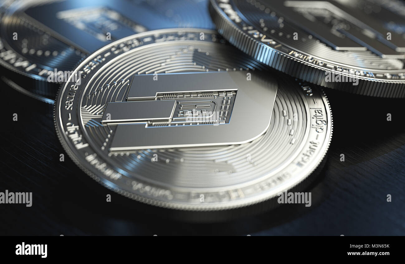Shiny silver Dash concept coin stack in blurry close-up shot. 3D ...