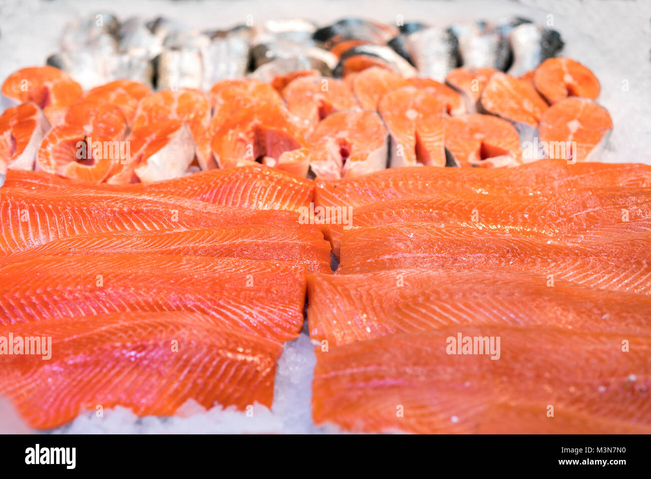 Salmon Fillet in Ice on the supermarket counter Stock Photo - Alamy