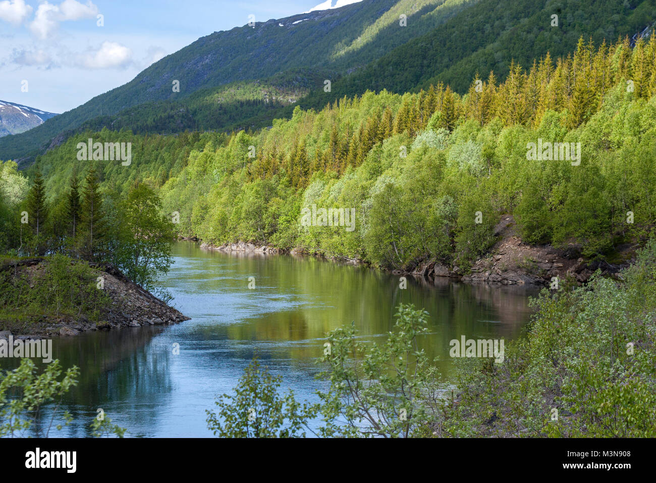 Norwegian landscape river scenic near Langvatnet lake, Sulitjelma ...