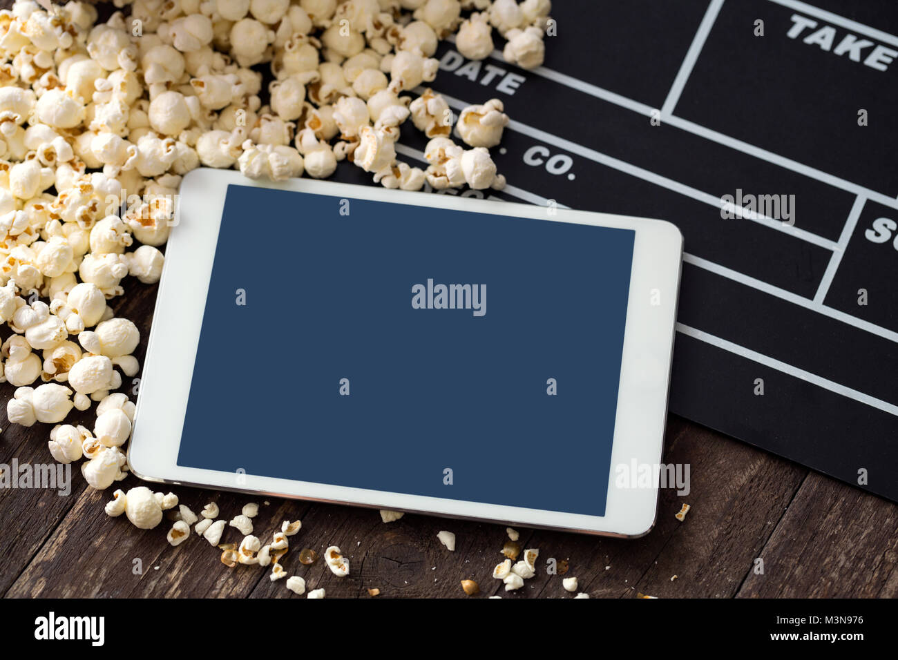 Cinema concept- fresh popcorn, clapper, movie, cinema, tablet Stock ...
