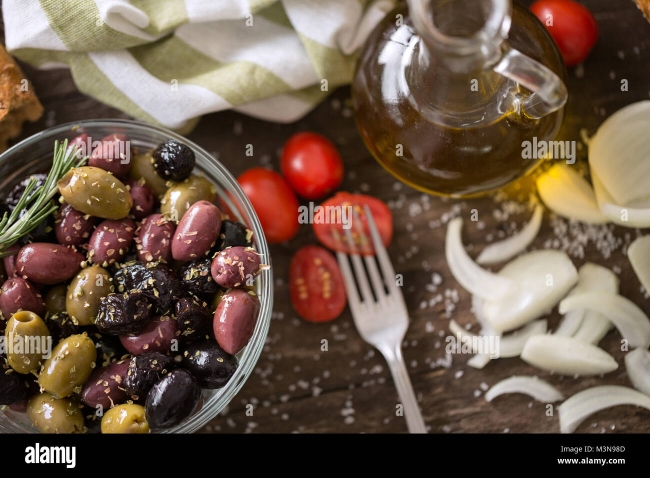 Mediterranean mix of olives for salad in oil with spices Stock Photo ...