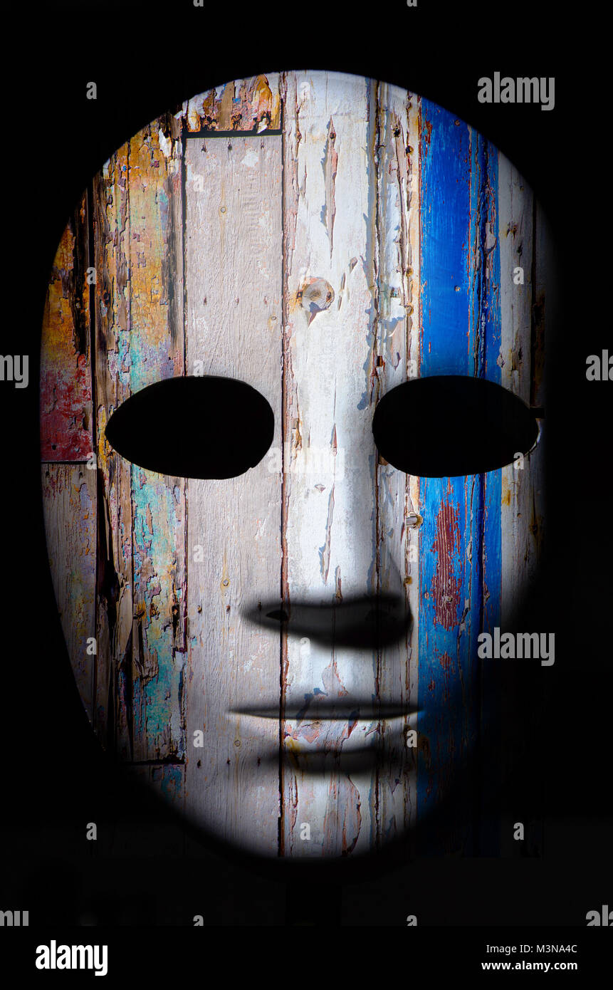 Textured mask with cracked rough wood painted surface, neutral ...