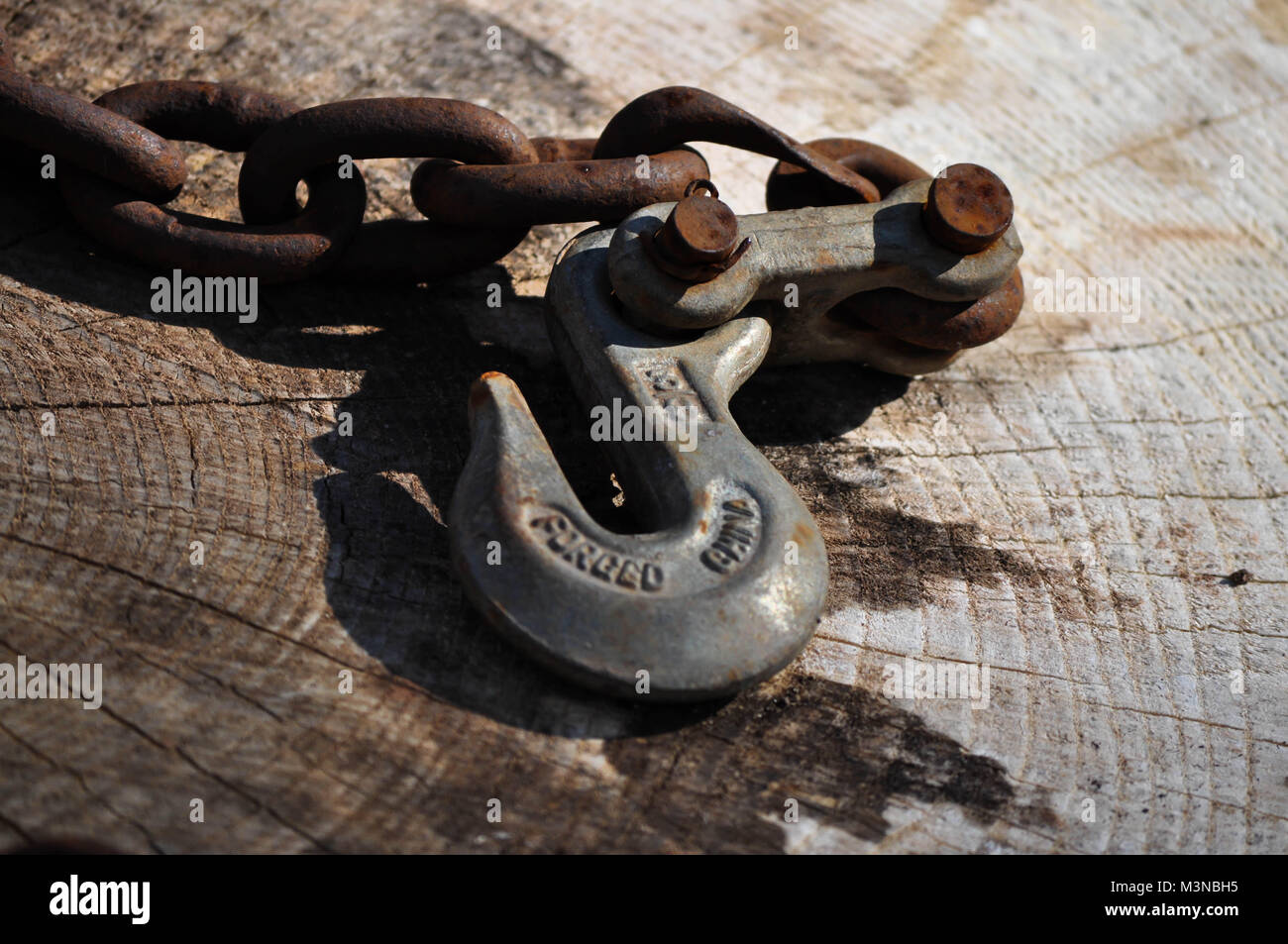 Rusted Heavy Chain and Hook on a Tree Stump Stock Photo - Alamy