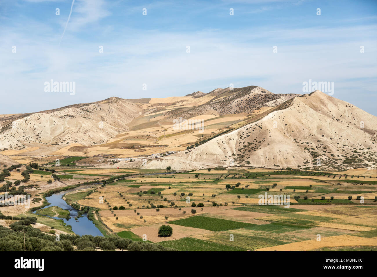 Morocco landscape mountain fields river crops Stock Photo - Alamy