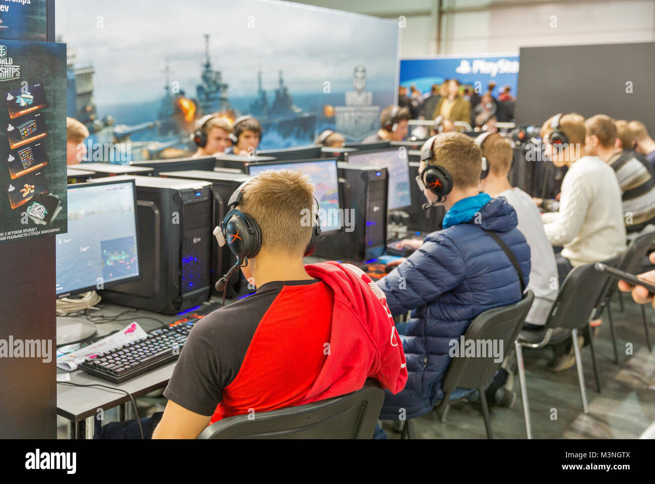 KIEV, UKRAINE - OCTOBER 07, 2017: Unrecognized people visit Wargaming ...