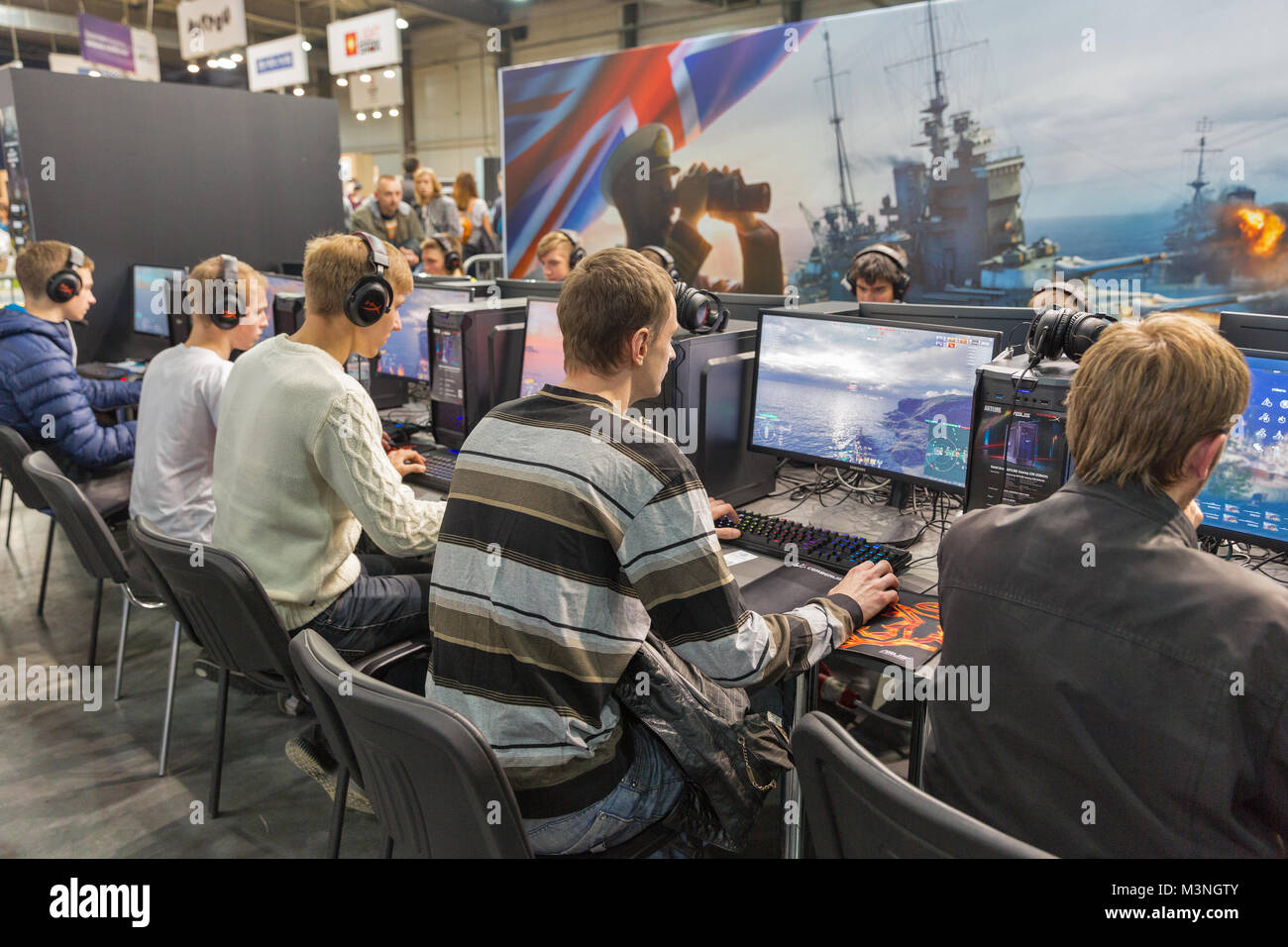 KIEV, UKRAINE - OCTOBER 07, 2017: Unrecognized people visit Wargaming ...
