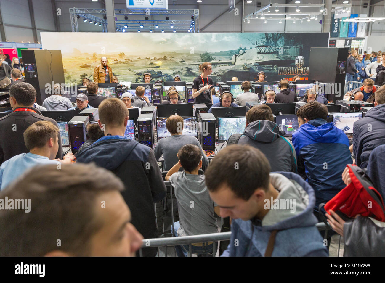KIEV, UKRAINE - OCTOBER 07, 2017: Unrecognized people visit Wargaming ...