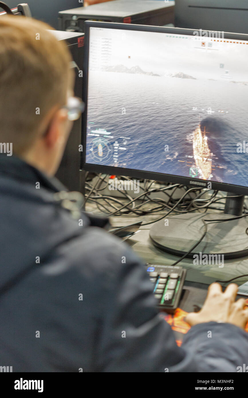 KIEV, UKRAINE - OCTOBER 08, 2017: Unrecognized man visit Wargaming ...