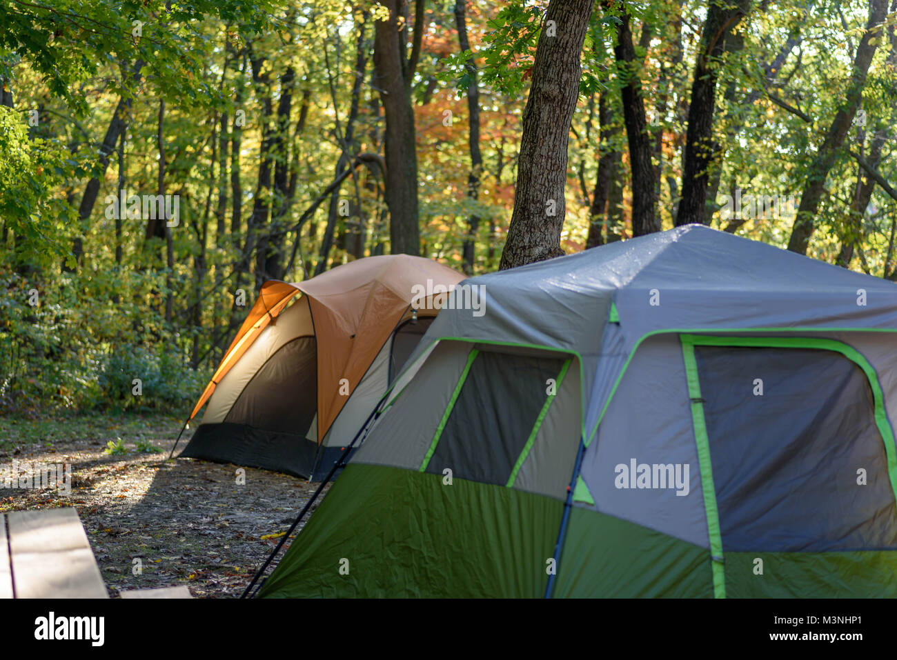 fall camping with two tents on campsite in early morning light Stock ...