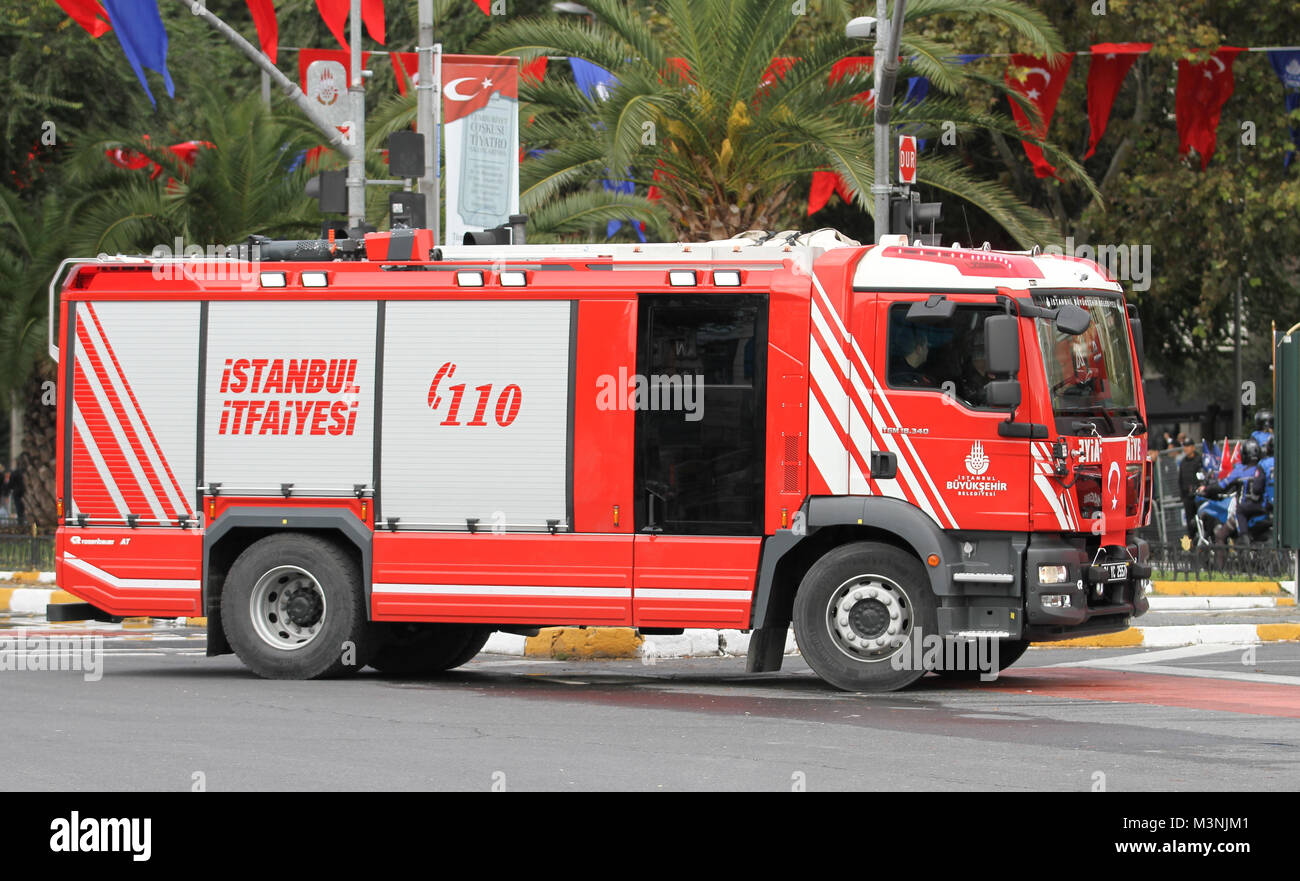 ISTANBUL, TURKEY - OCTOBER 29, 2017: Fire Trucks pass in Vatan Avenue ...