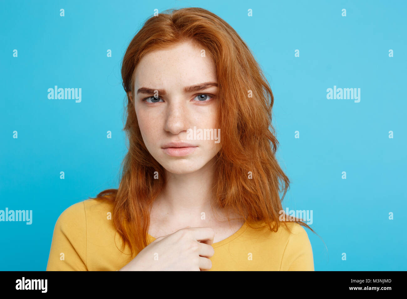 Close up Portrait young beautiful attractive redhair girl feeling ...