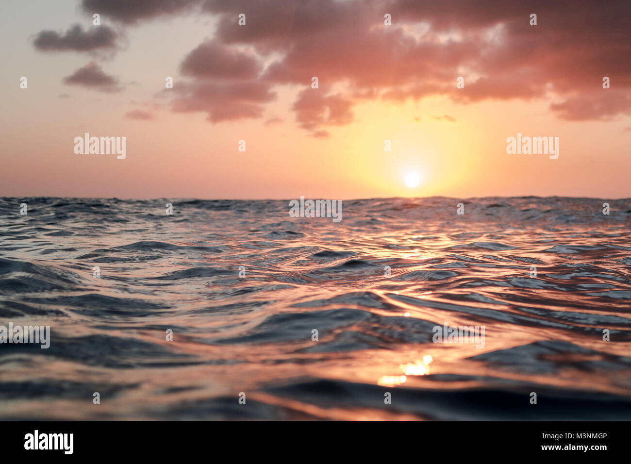 Sunset over ocean. The light of the sun reflect like on liquid metal ...